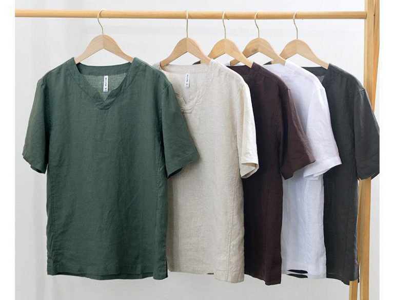 Mens 100 Linen Split Neck T Shirt – SGAN